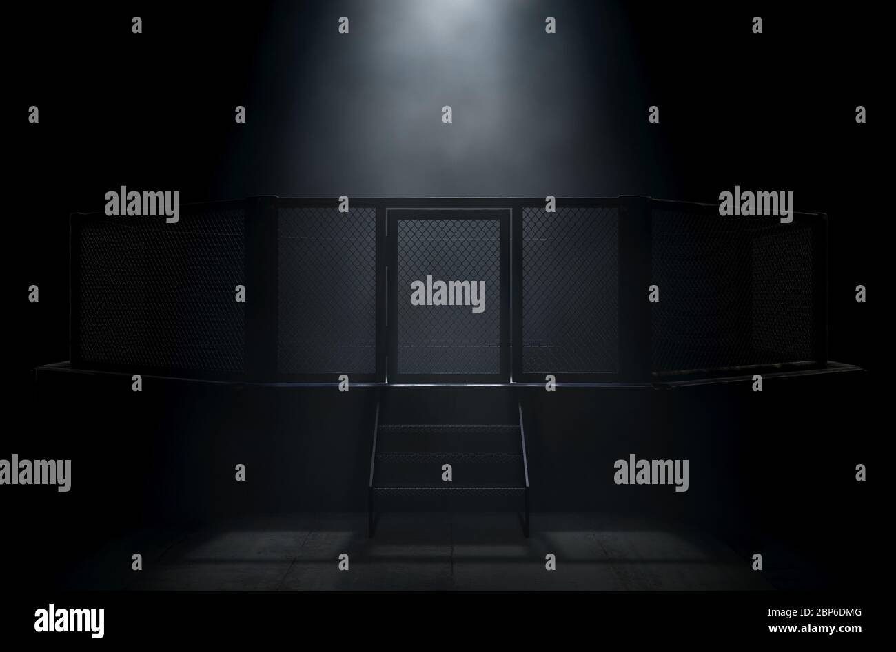 A spotlighting highlighting the door of a MMA fight cage arena dressed ...