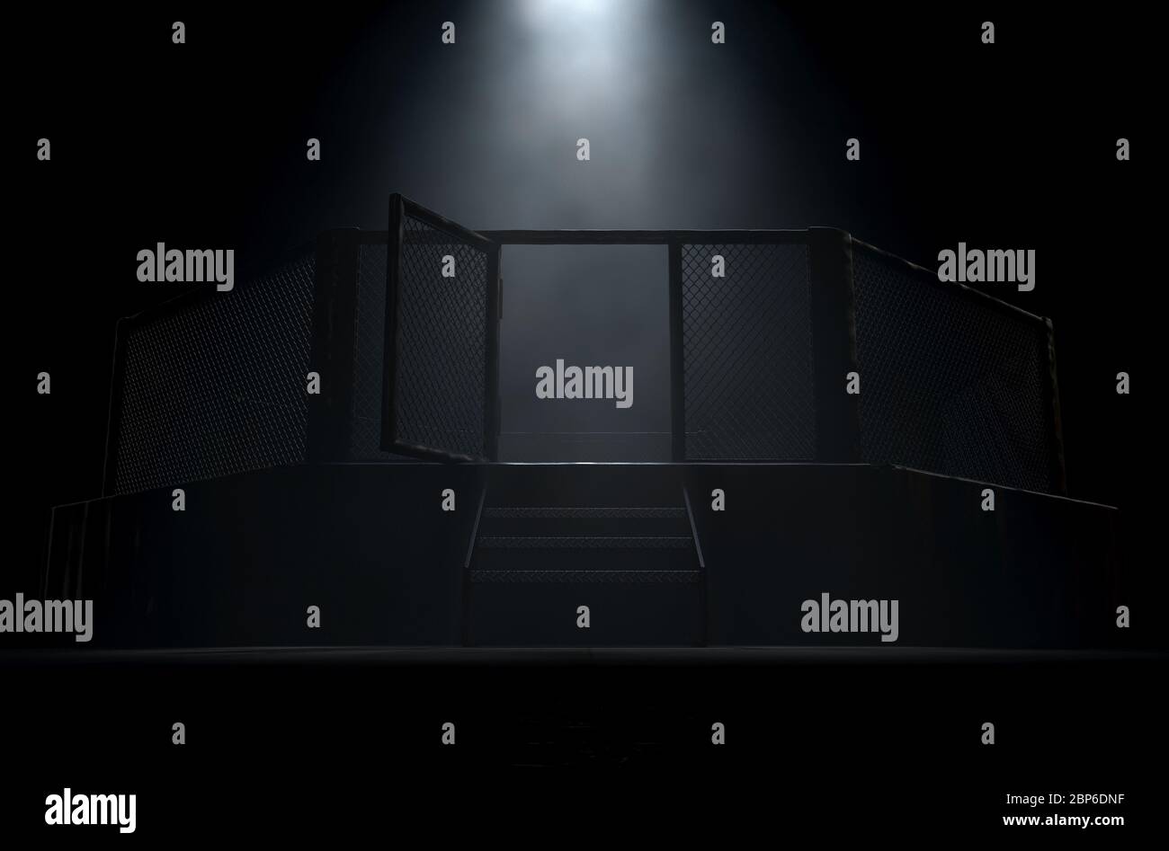 A spotlighting highlighting the door of a MMA fight cage arena dressed ...