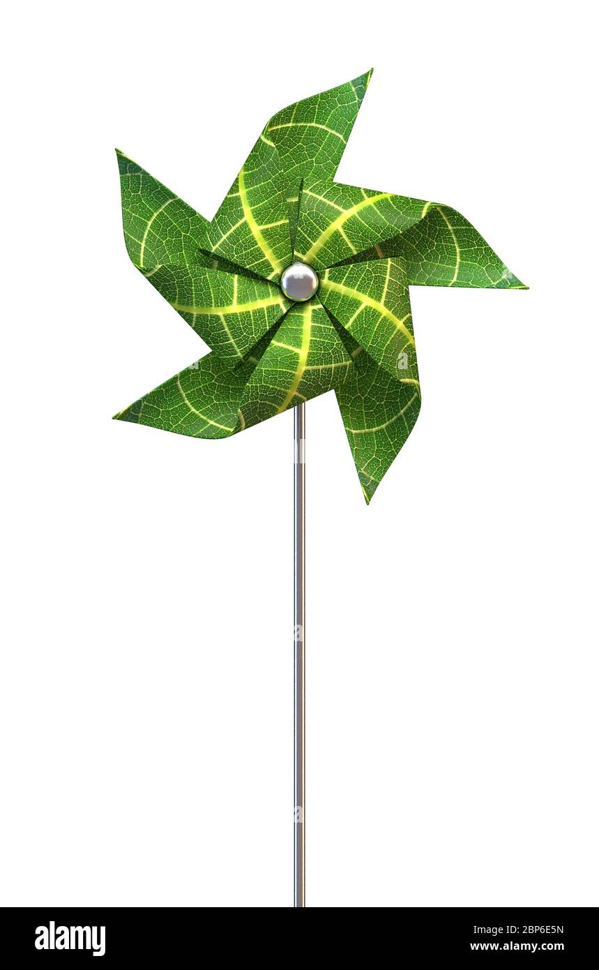 A green toy pinwheel windmill made out of real leaves on an isolated ...