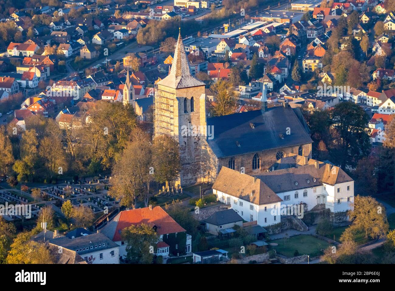 Aerial view, overview Obermarsberg, Collegiate Church of St. Peter and ...