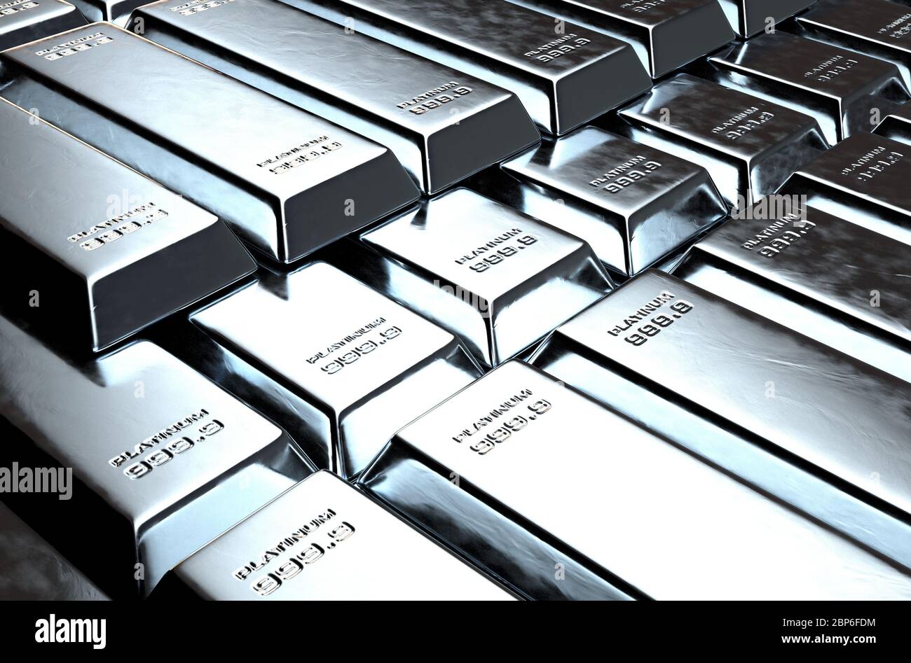 A stack of solid platinum ingots on an isolated dark background - 3D ...