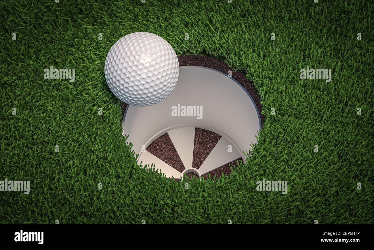 golf ball about to fall in the hole. sport and victory concept. 3d ...