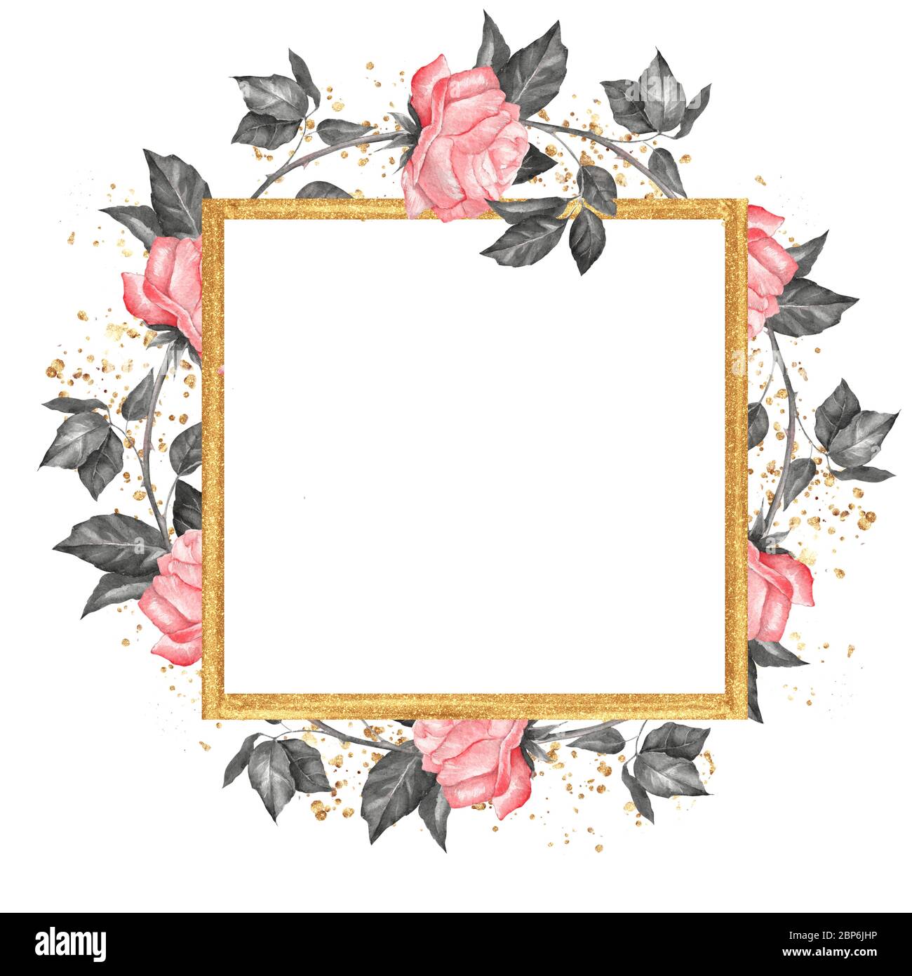 Gold frame with flowers and leaves isolated on white Stock Photo - Alamy