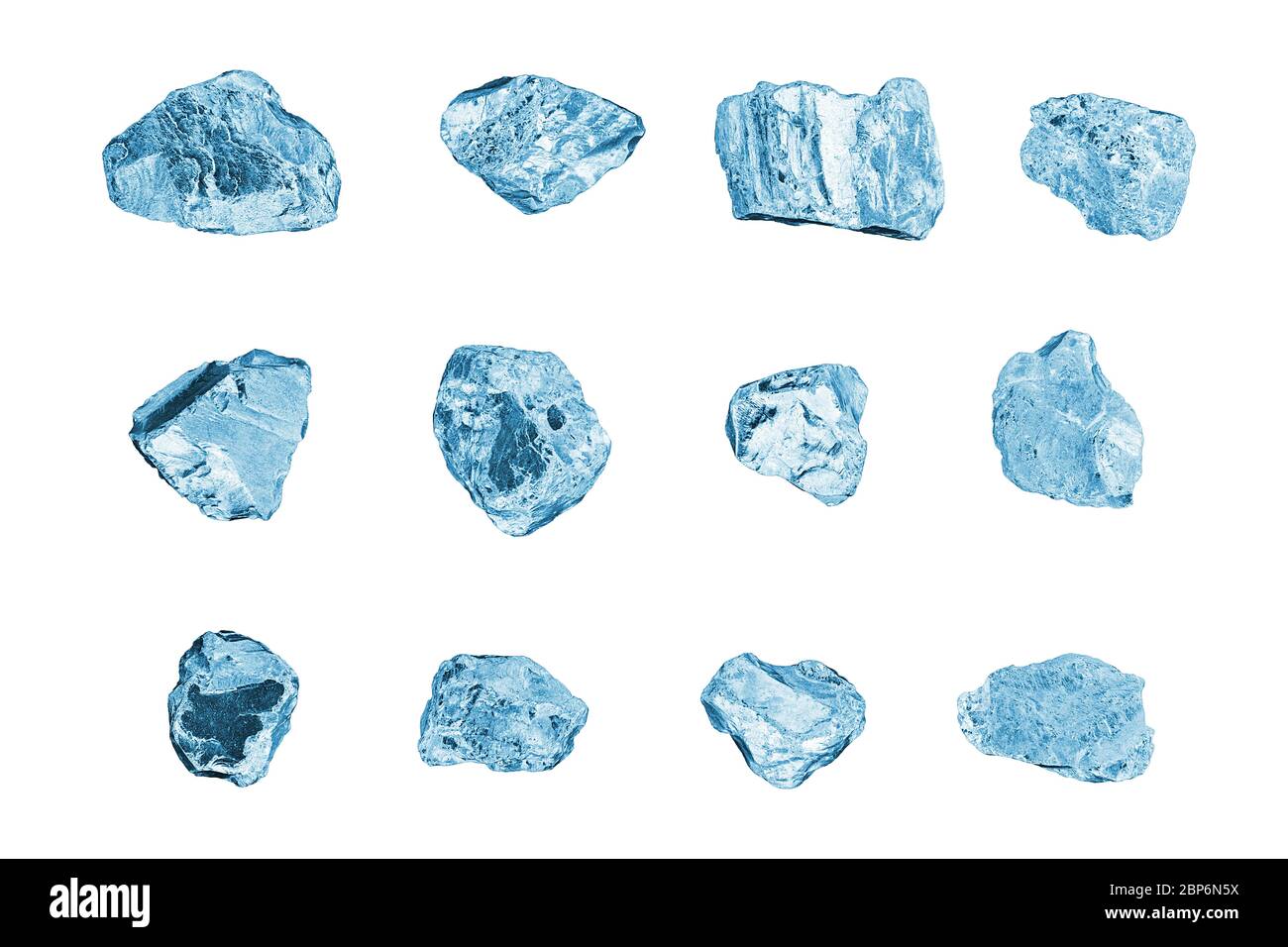 Blue gem stones white background isolated closeup, crushed ice cubes ...