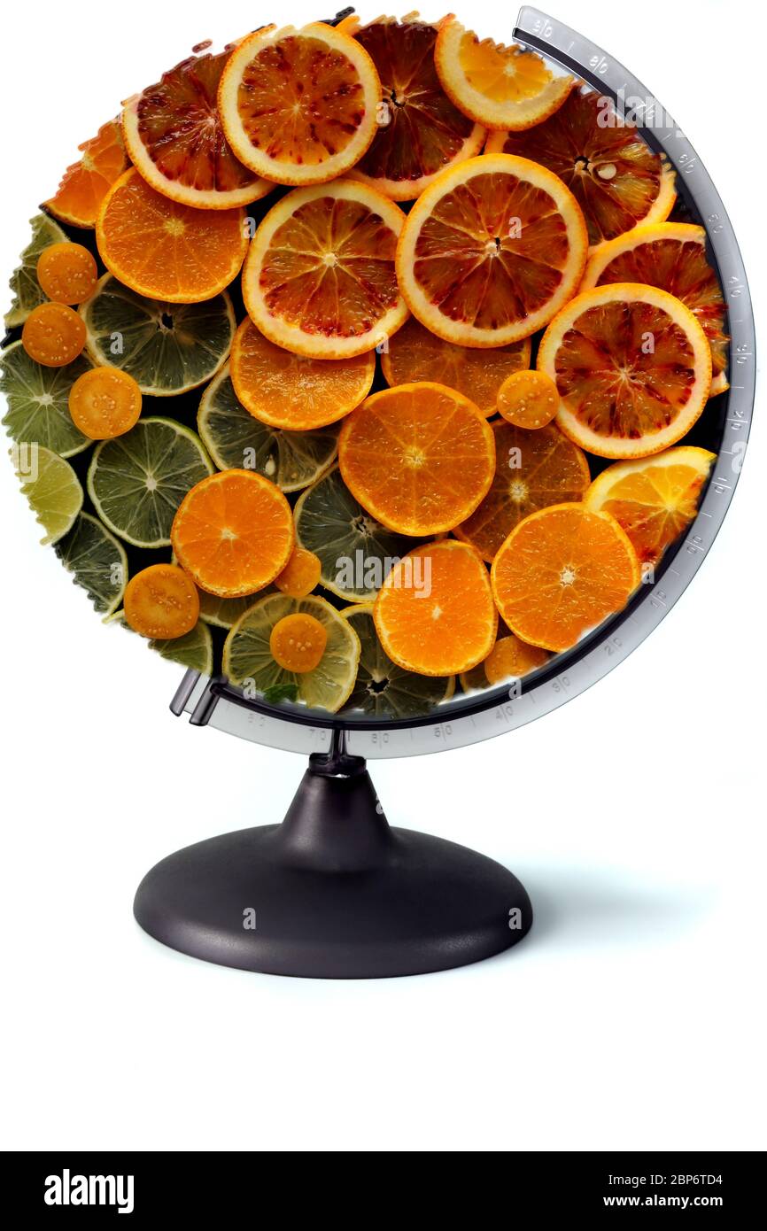 Earth globe made of different colored citrus fruits. healthy eating ...