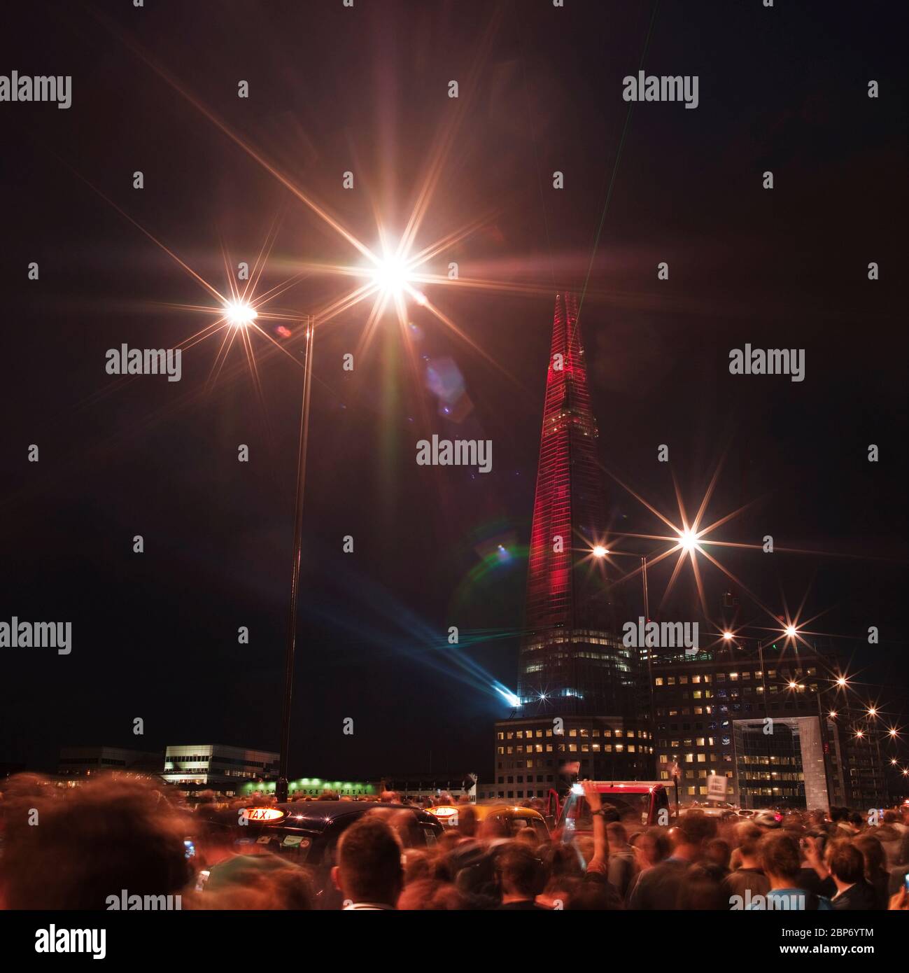 The Shard with laser lights, opening ceremony with crowds on London ...