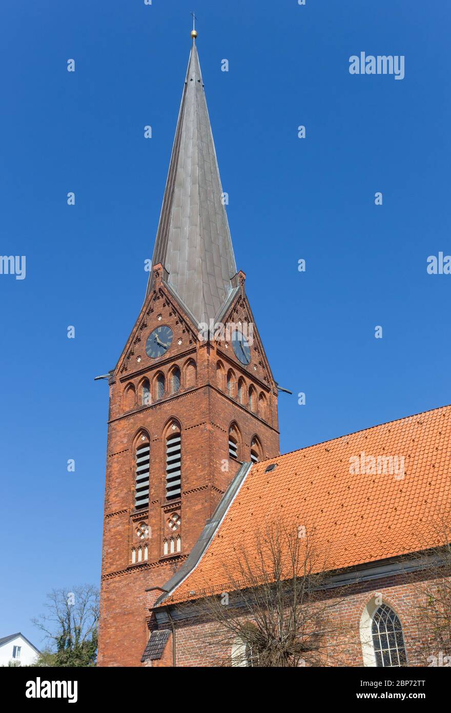 Tower of the Maria church in the historic center of Lauenburg, Germany ...