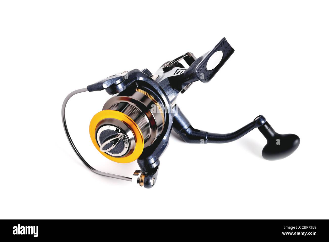 Coil for fishing inertial blue color on white background close-up ...