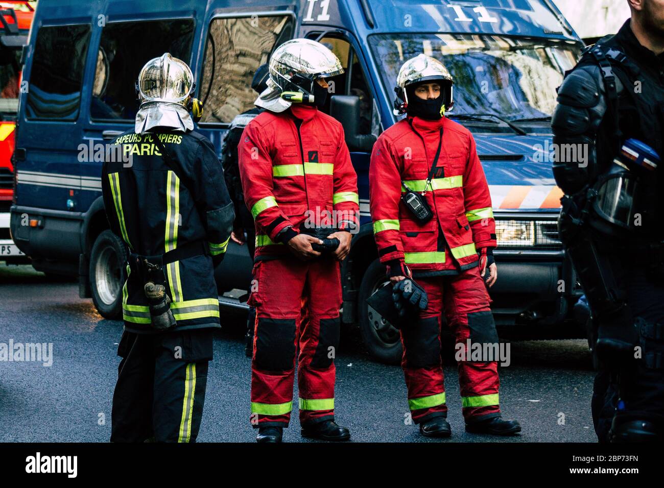 Paris France May 04, 2019 View of a French firefighters walking in the ...
