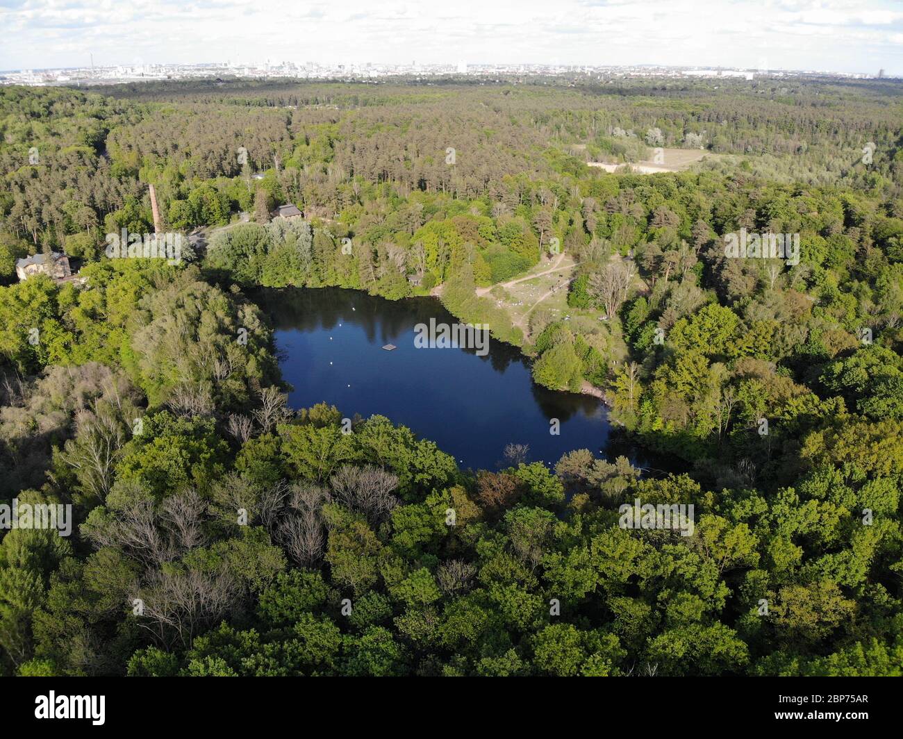 Aerial view of lake Teufelssee a glacial lake in the Grunewald forest ...
