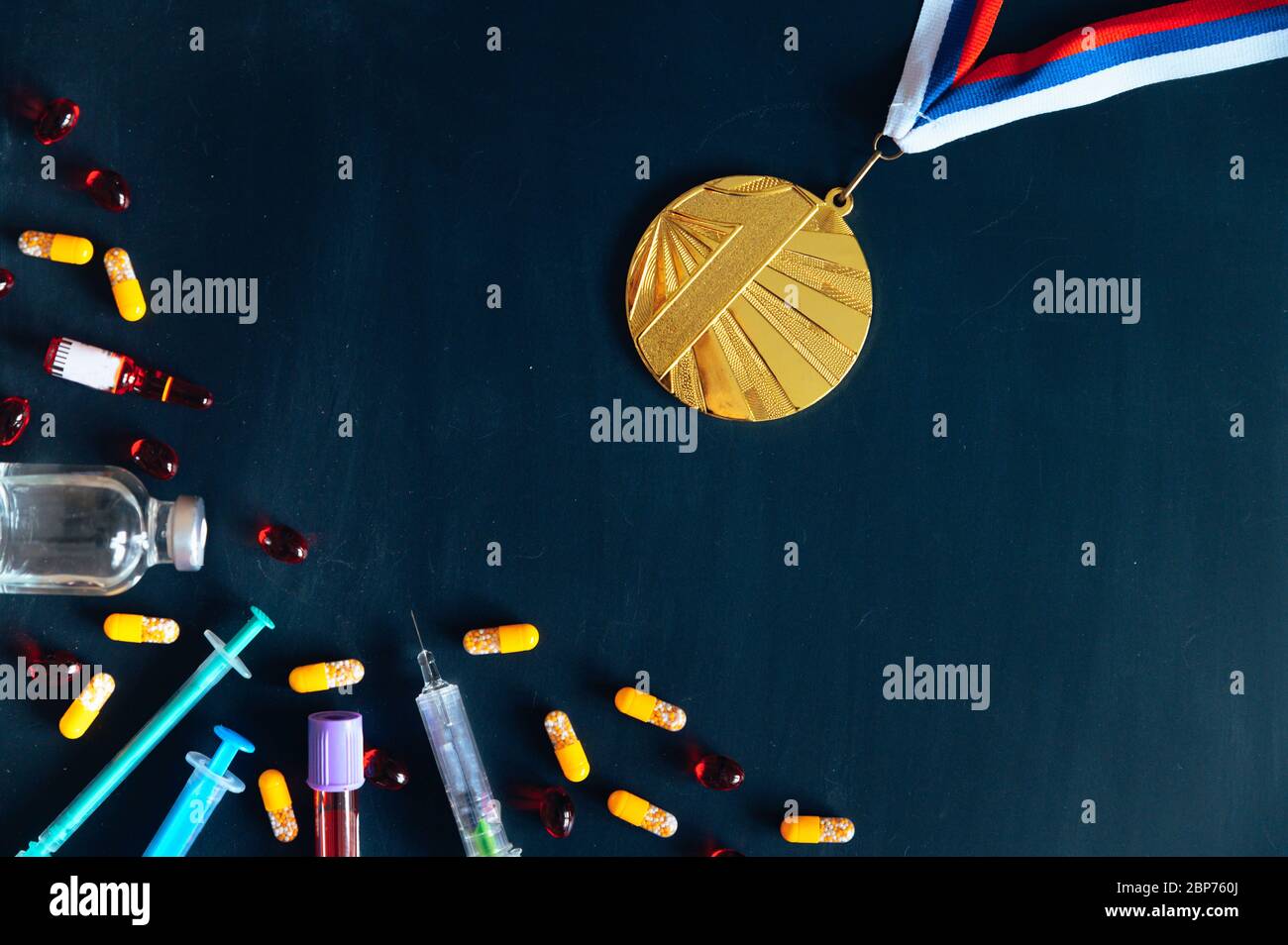 Doping in sport, concept photo. Gold medal, drugs, Medicine bottle for ...