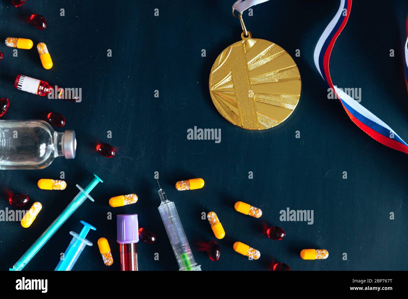Gold medal and drugs, syringe and Medicine bottle for injection. Doping ...