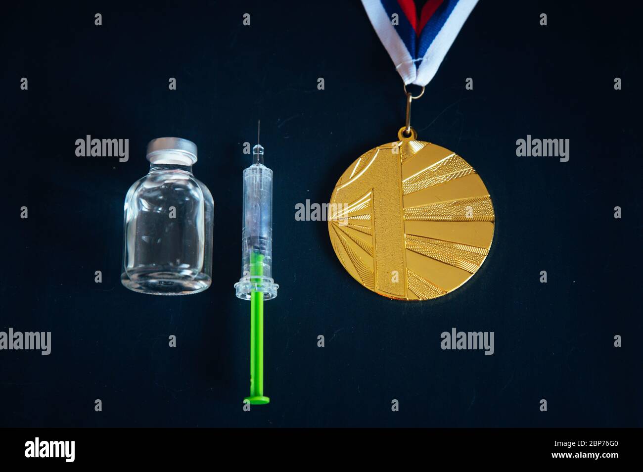 Gold Medal, Syringe and Medicine bottle for injection. Doping in sport ...