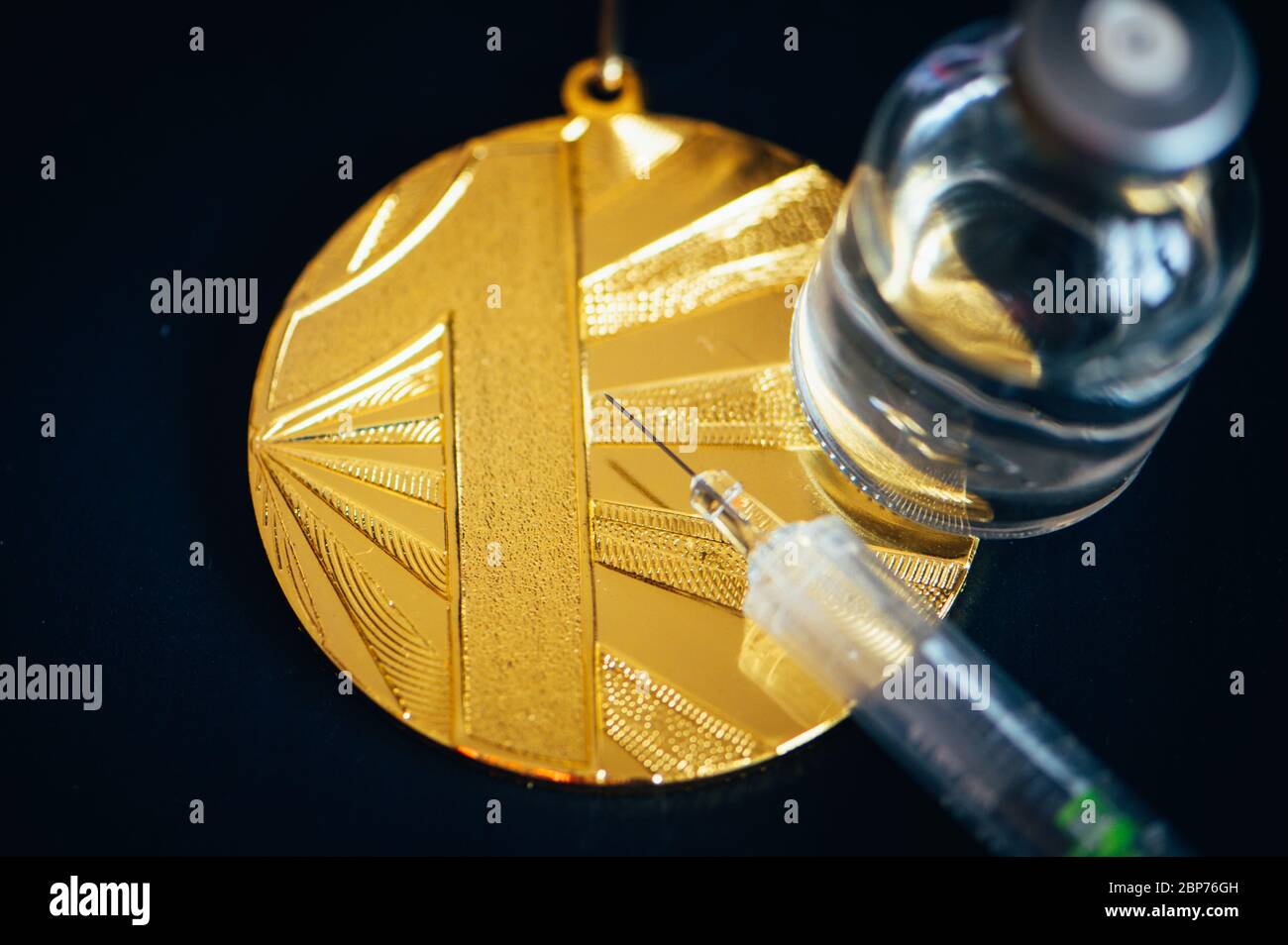 Gold Medal, Syringe and Medicine bottle for injection. Doping in sport ...