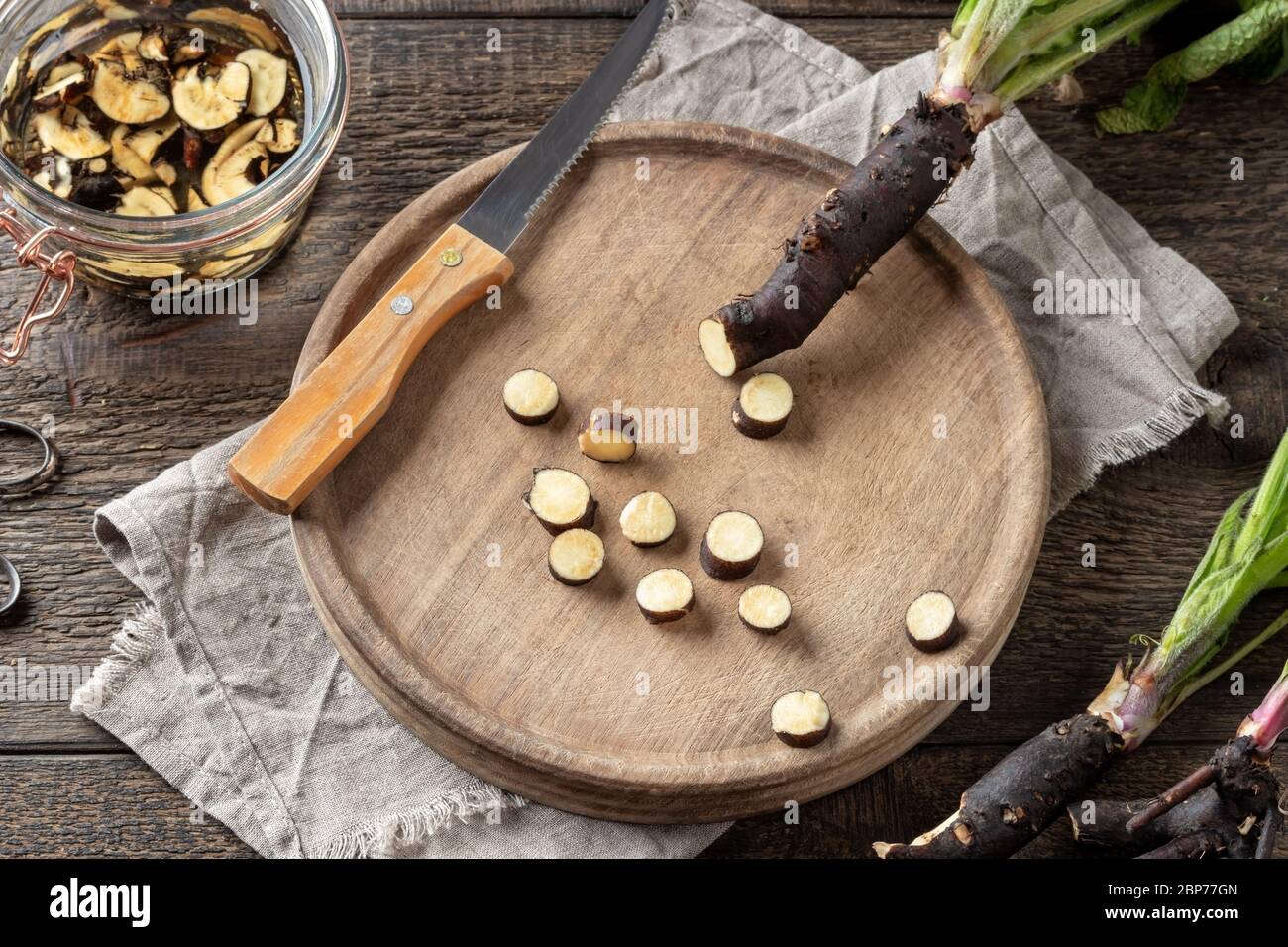 Cutting up fresh comfrey root to prepare herbal tincture Stock Photo ...