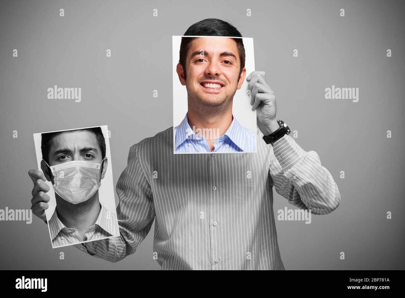 Portrait of a man changing his mood before and after coronavirus ...