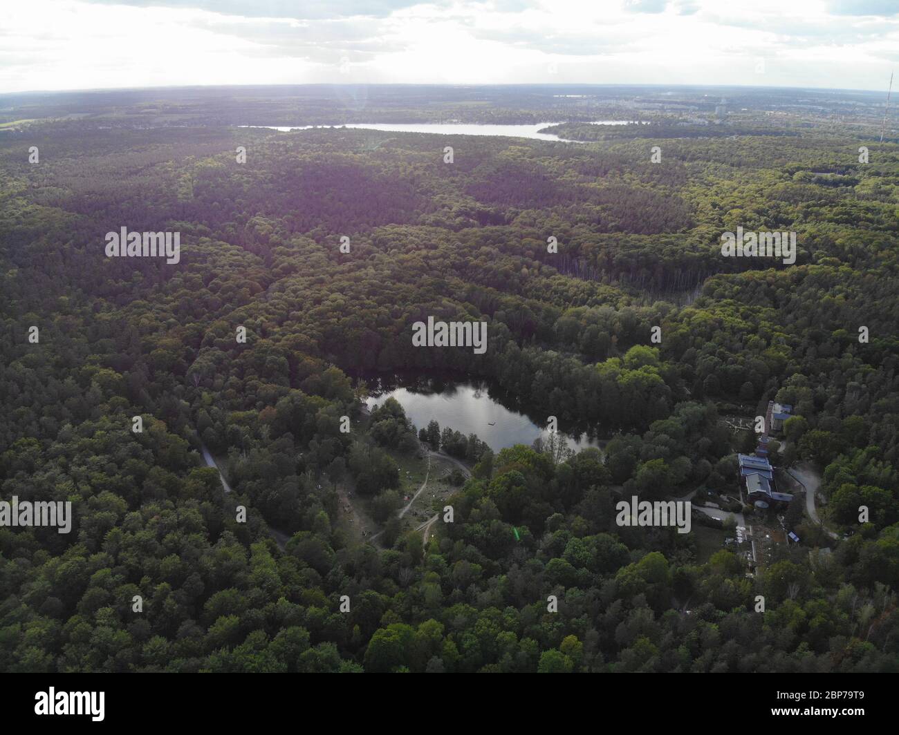 Aerial view of lake Teufelssee a glacial lake in the Grunewald forest ...