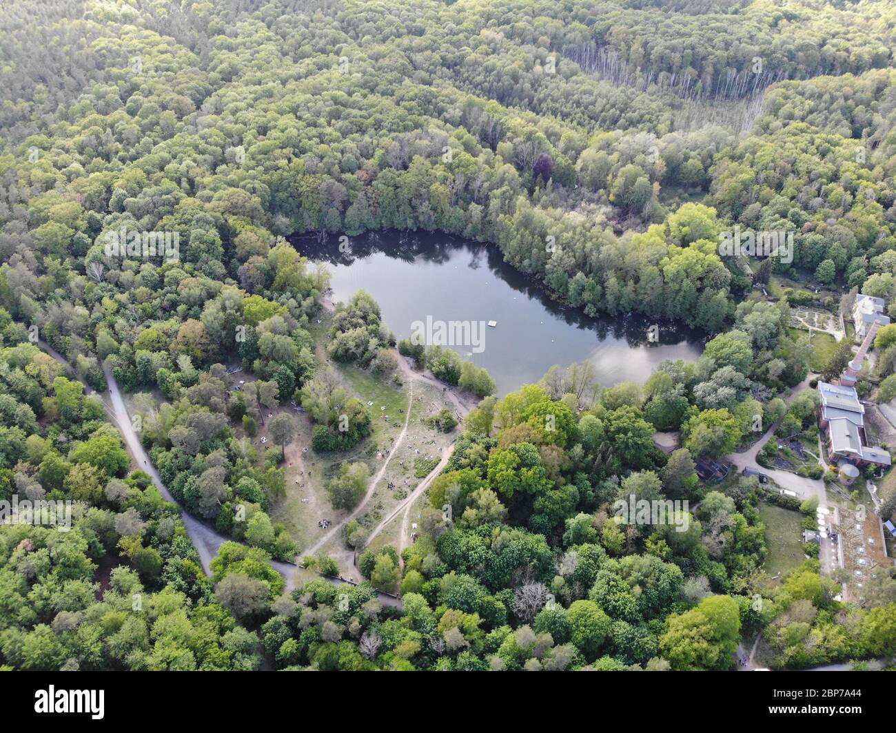 Aerial view of lake Teufelssee a glacial lake in the Grunewald forest ...