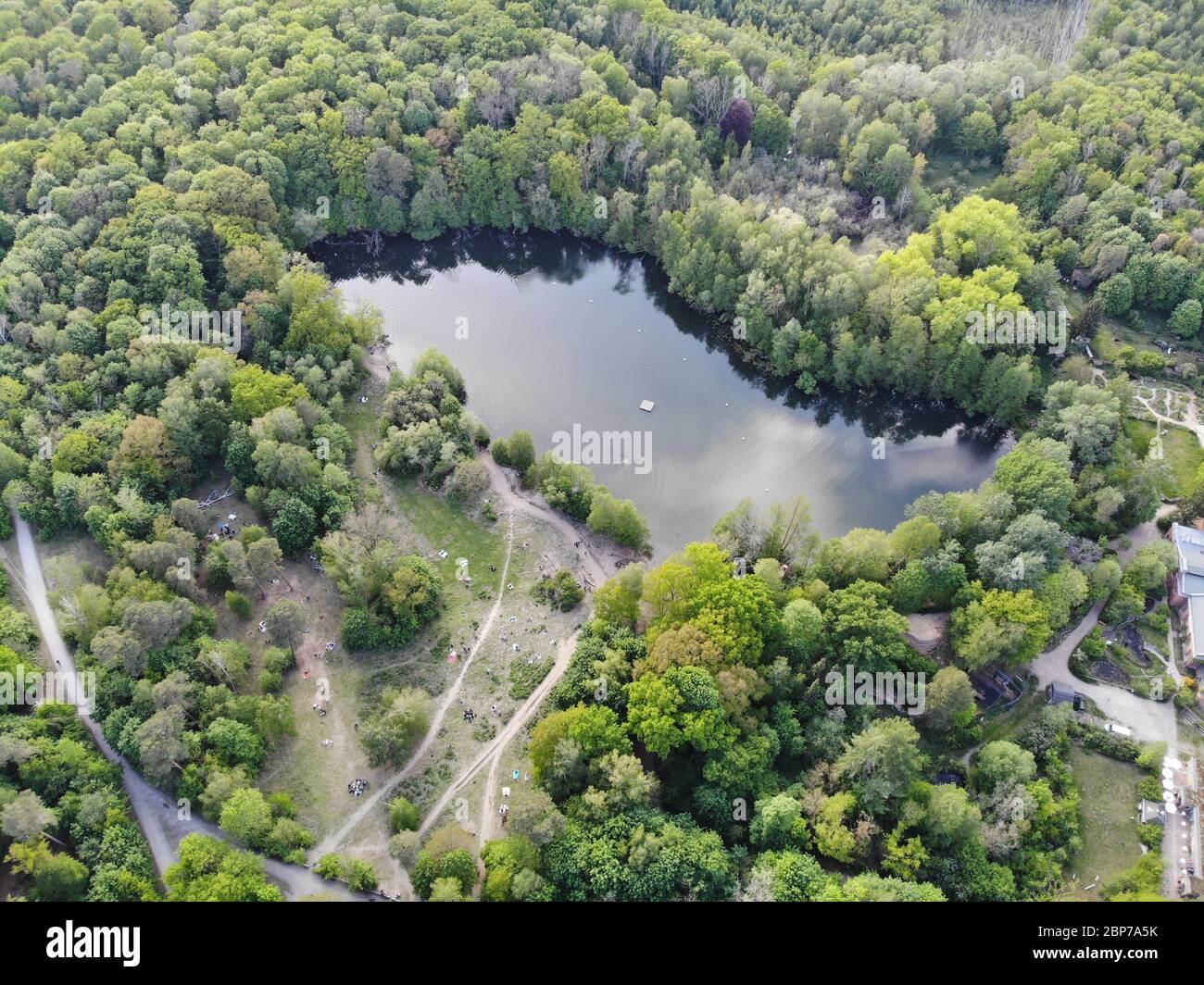Aerial view of lake Teufelssee a glacial lake in the Grunewald forest ...