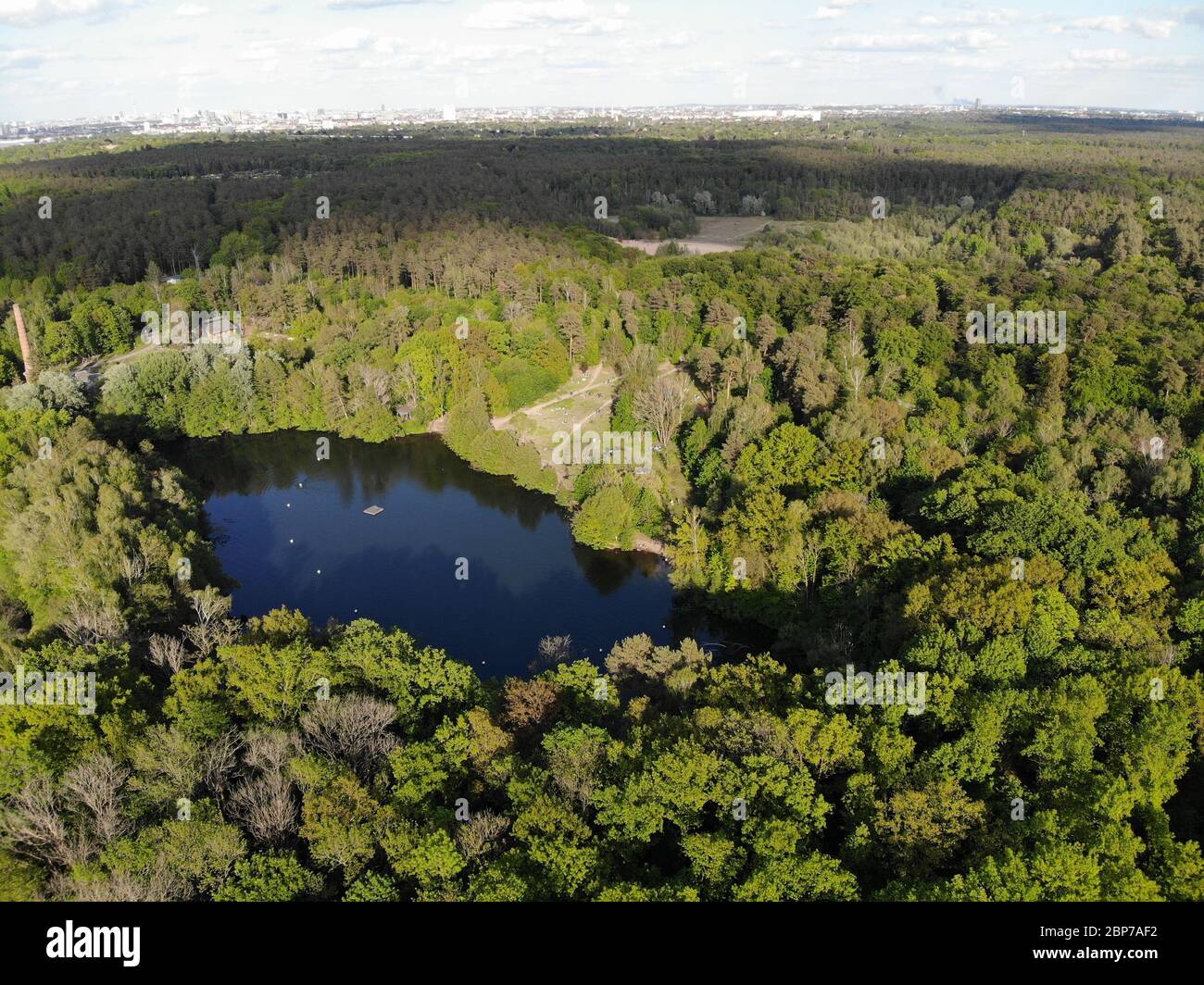 Aerial view of lake Teufelssee a glacial lake in the Grunewald forest ...