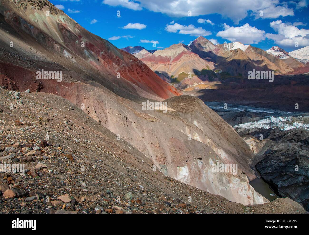 Scenic landscape snowy mountain peaks. Hilly terrain. Beautiful nature ...