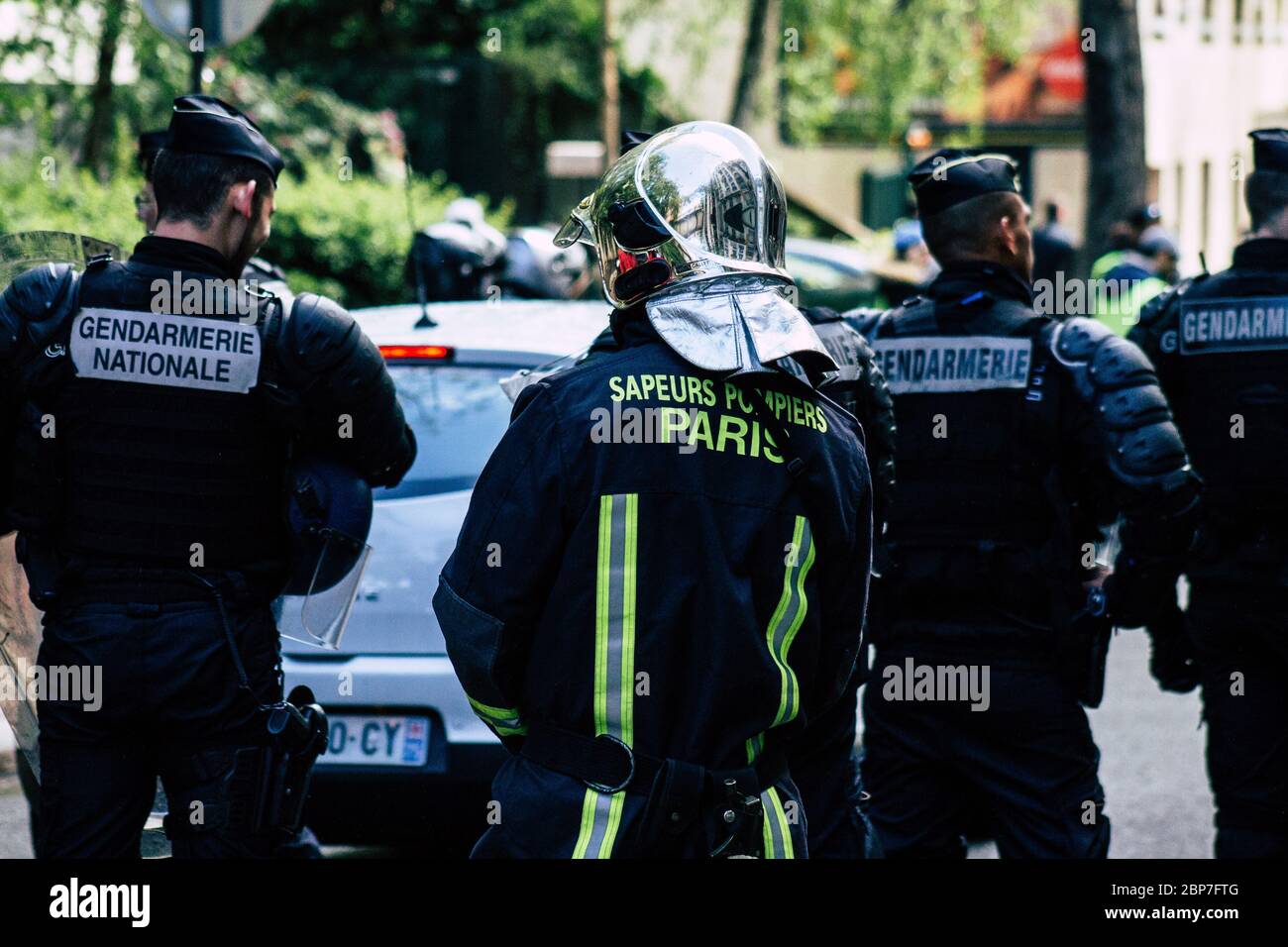 Paris France May 04, 2019 View of a French firefighters walking in the ...