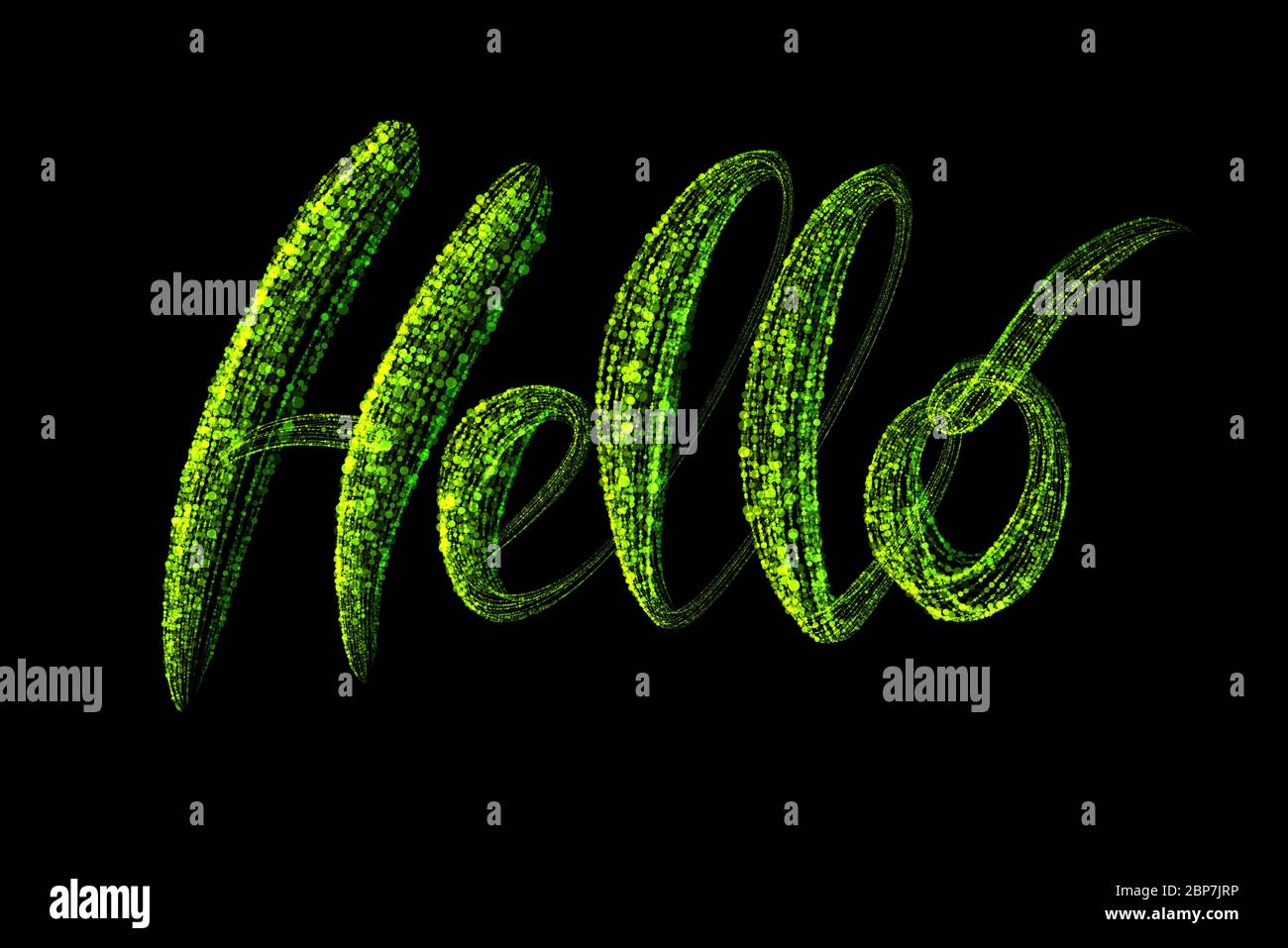 The word Hello is made up of glowing green particles isolated on a ...