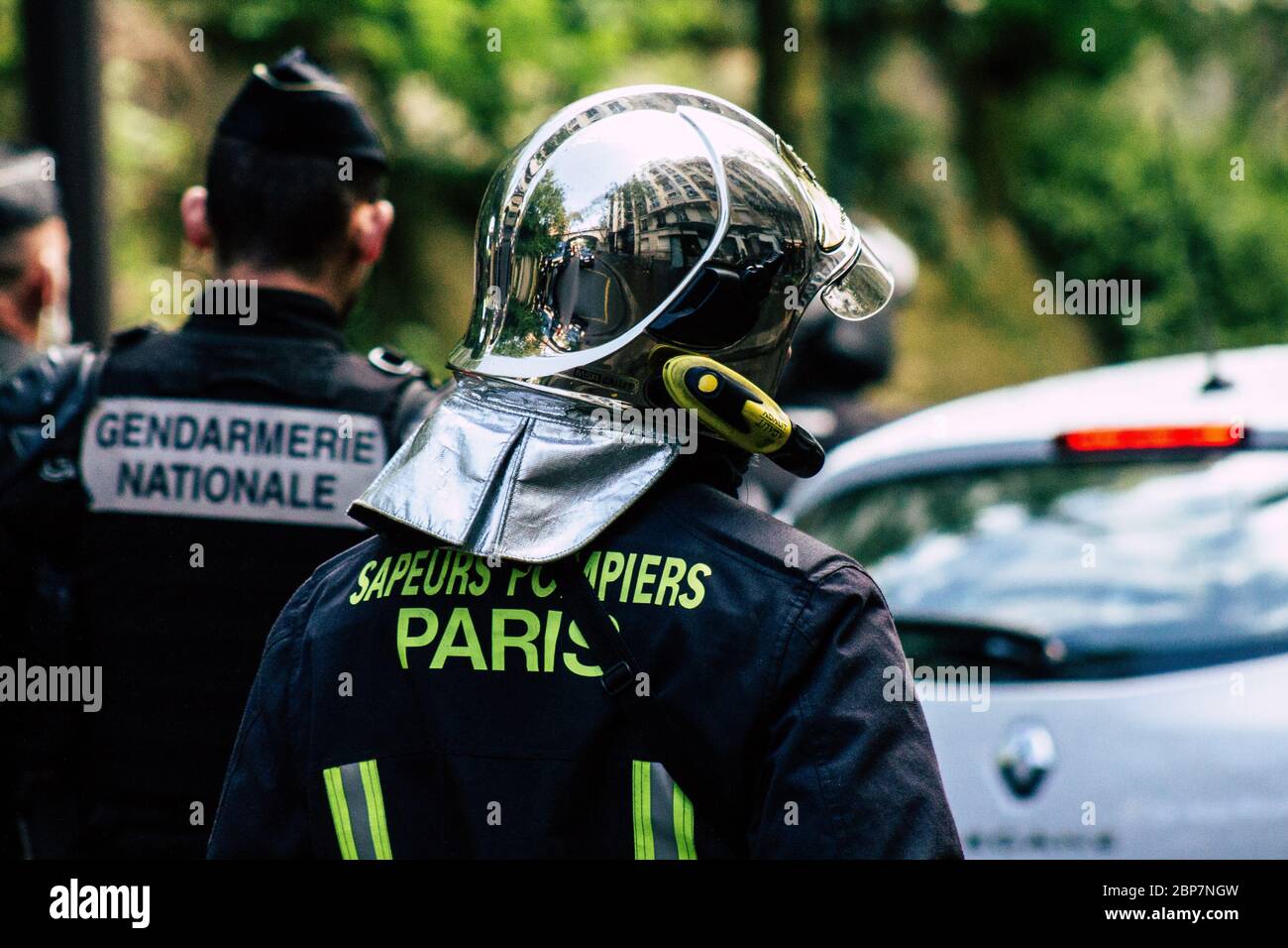 Paris France May 04, 2019 View of a French firefighters walking in the ...