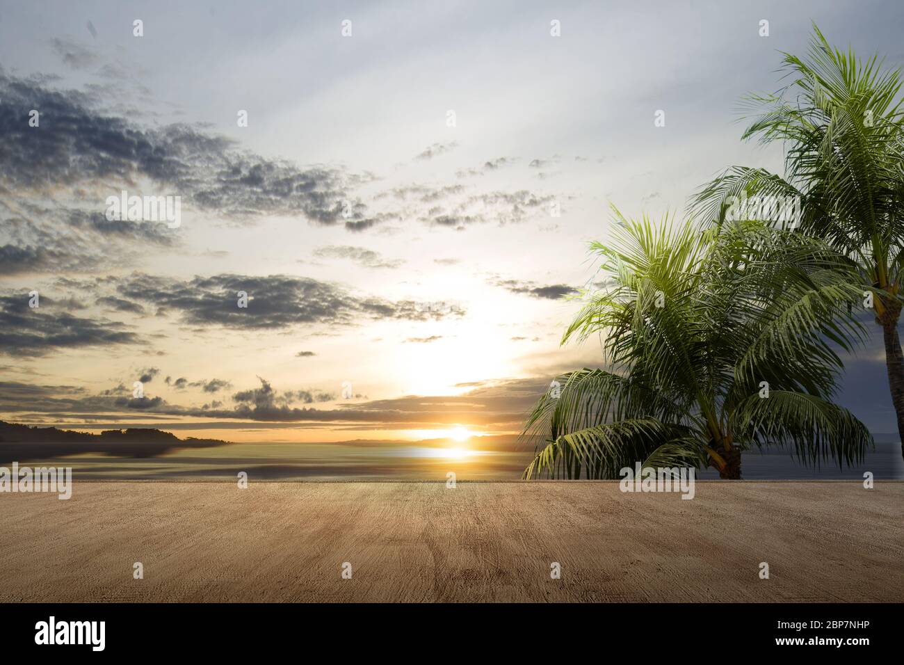 Wooden terrace with ocean view over sunset sky background Stock Photo ...