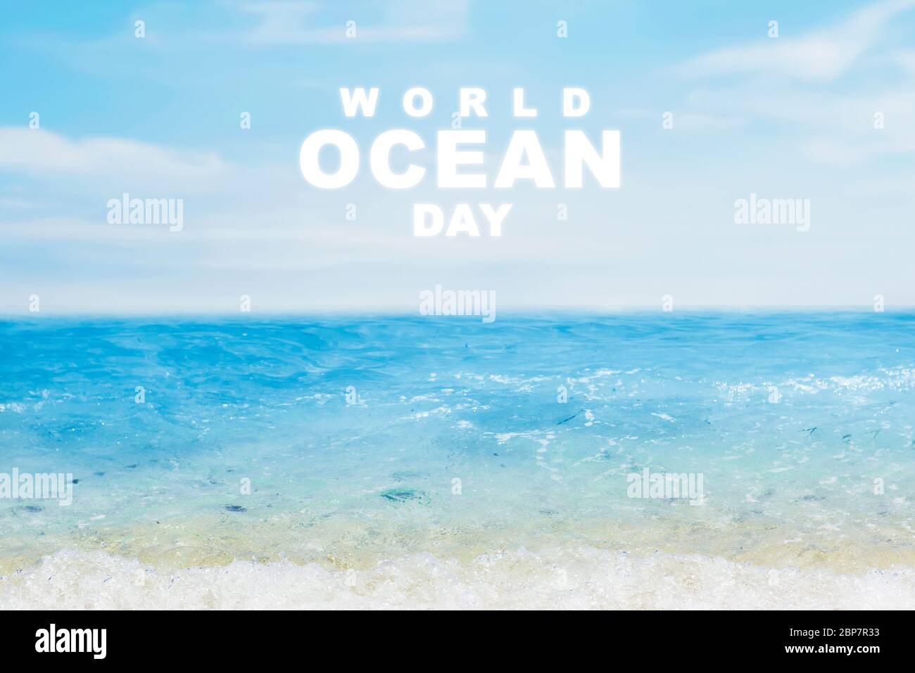 Beach with waves and World Ocean Day text. World Ocean Day Concept ...