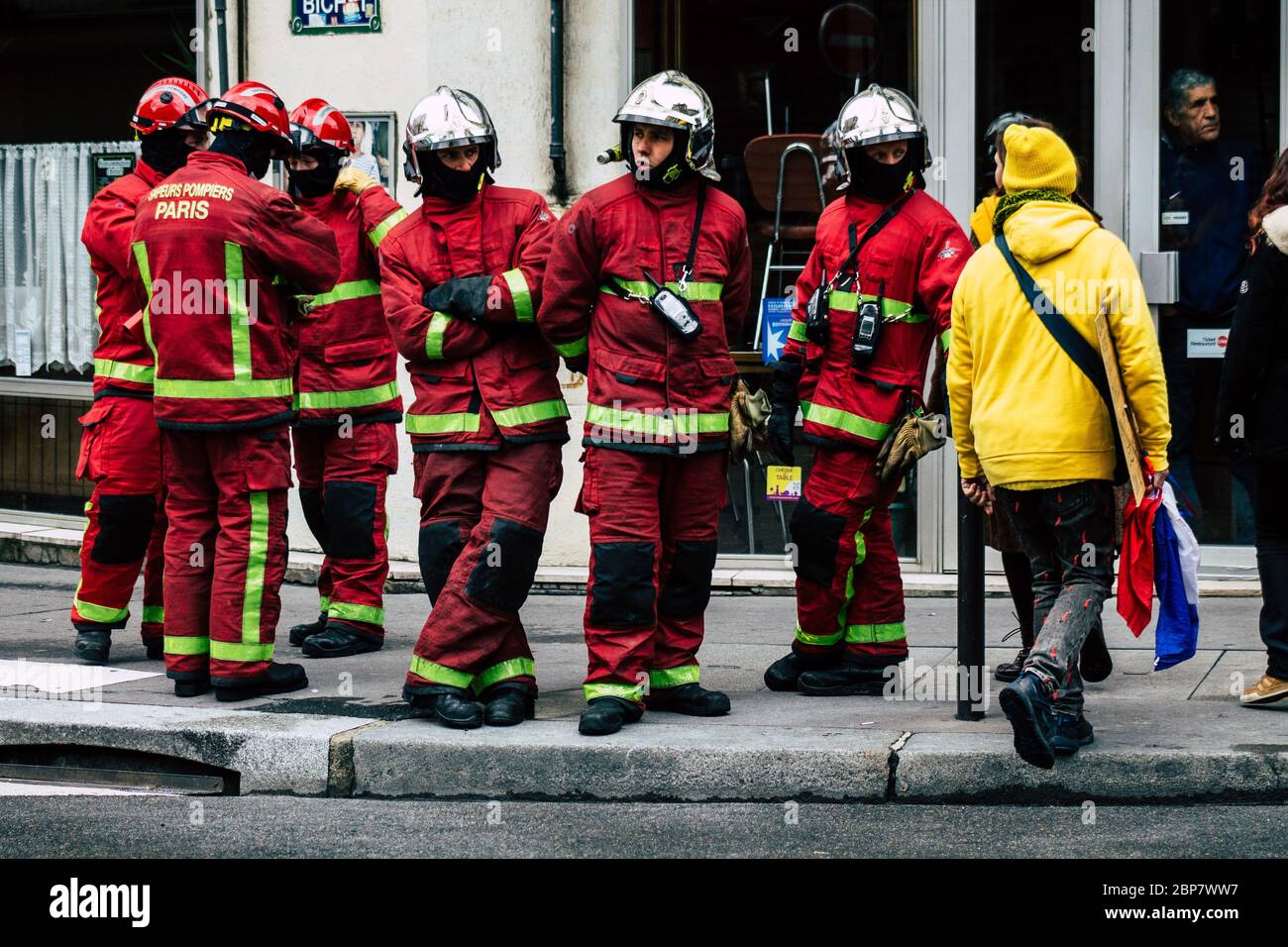 Paris France May 04, 2019 View of a French firefighters walking in the ...