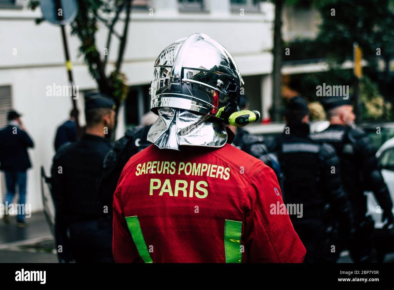 Paris France May 04, 2019 View of a French firefighters walking in the ...