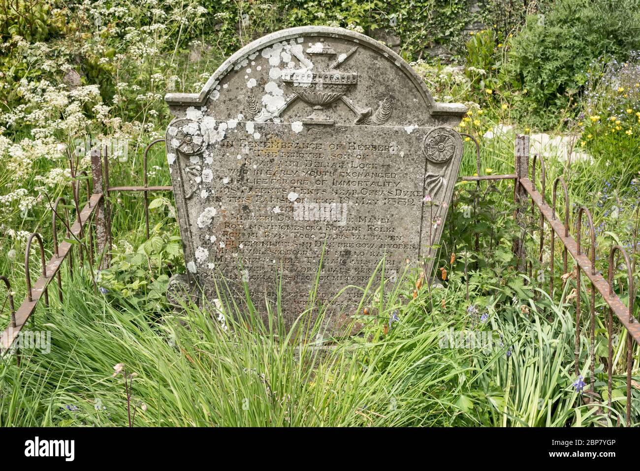 St Mary's Church, Llanfair Waterdine, Shropshire, UK. The 19c grave of ...