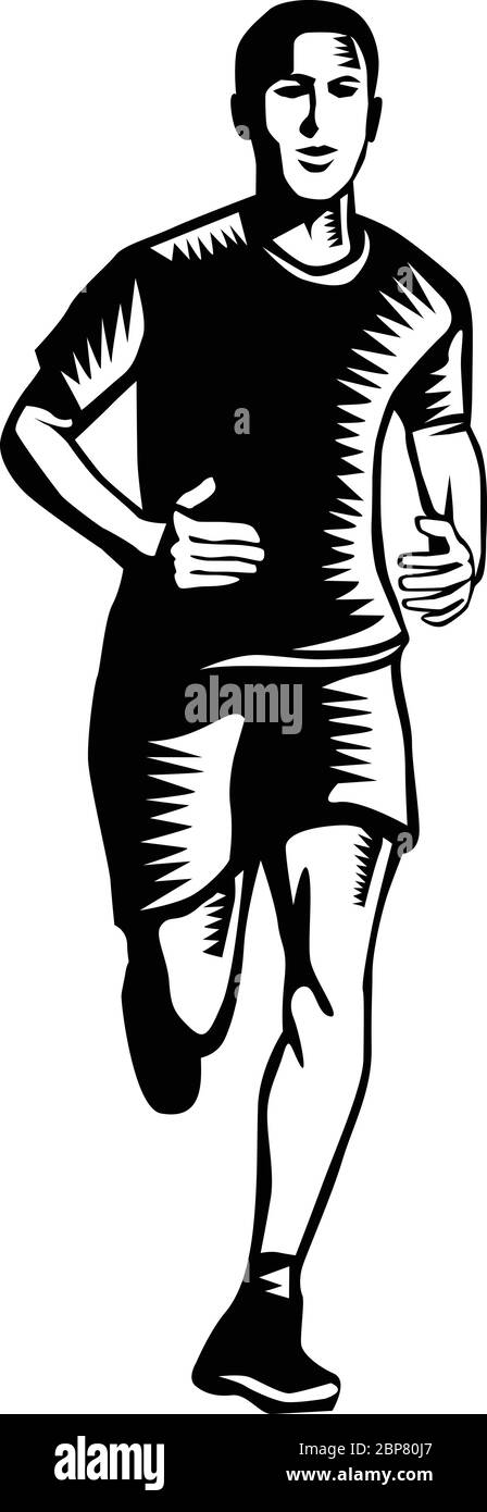 Black and White Illustration of a male marathon runner viewed from ...