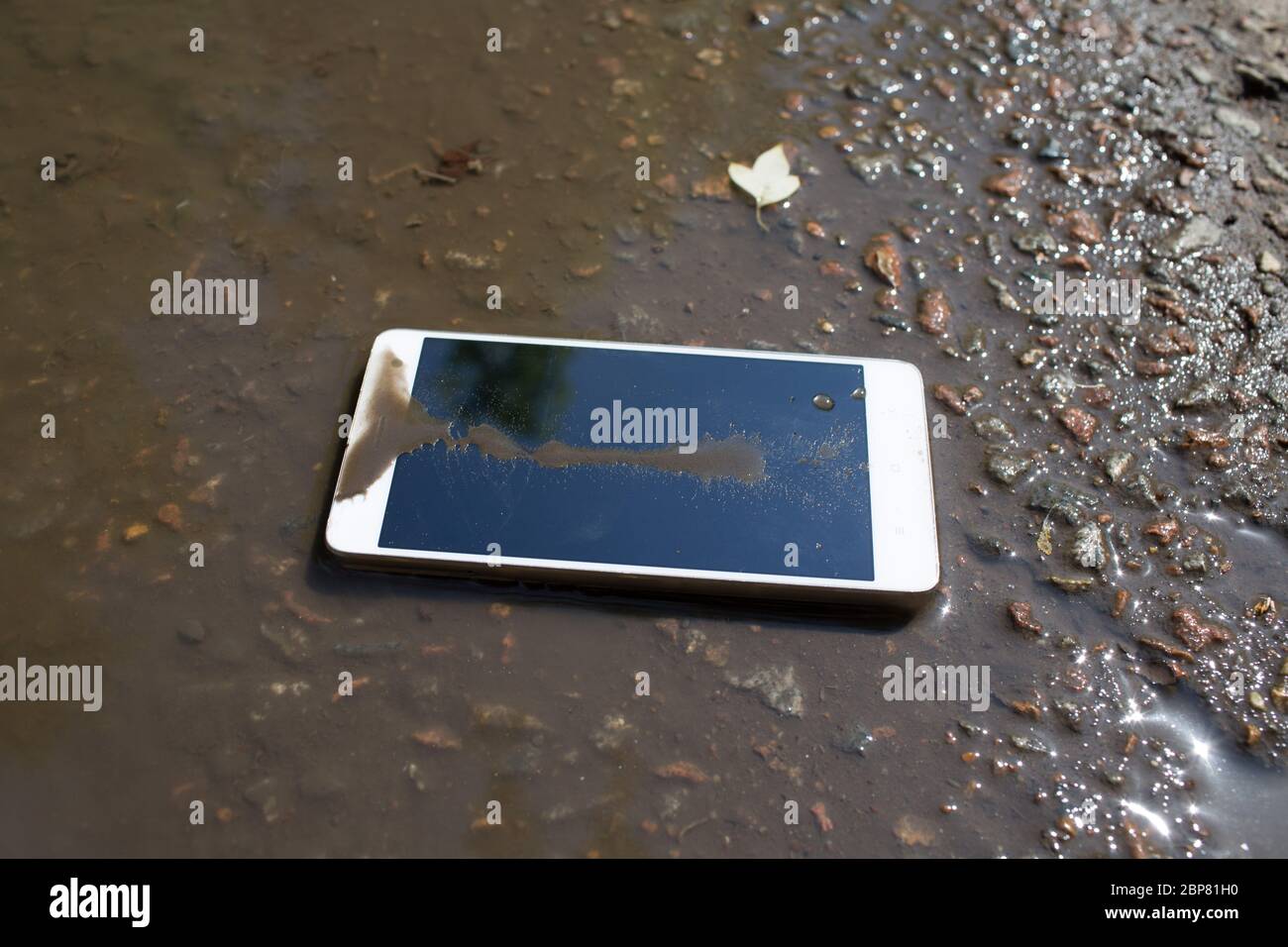 Mobile phone lying on pavement in puddle Stock Photo - Alamy