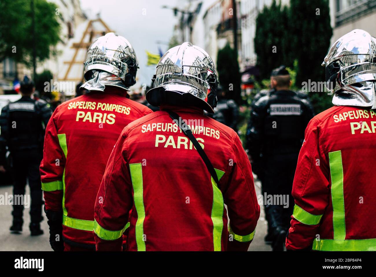 Paris France May 04, 2019 View of a French firefighters walking in the ...