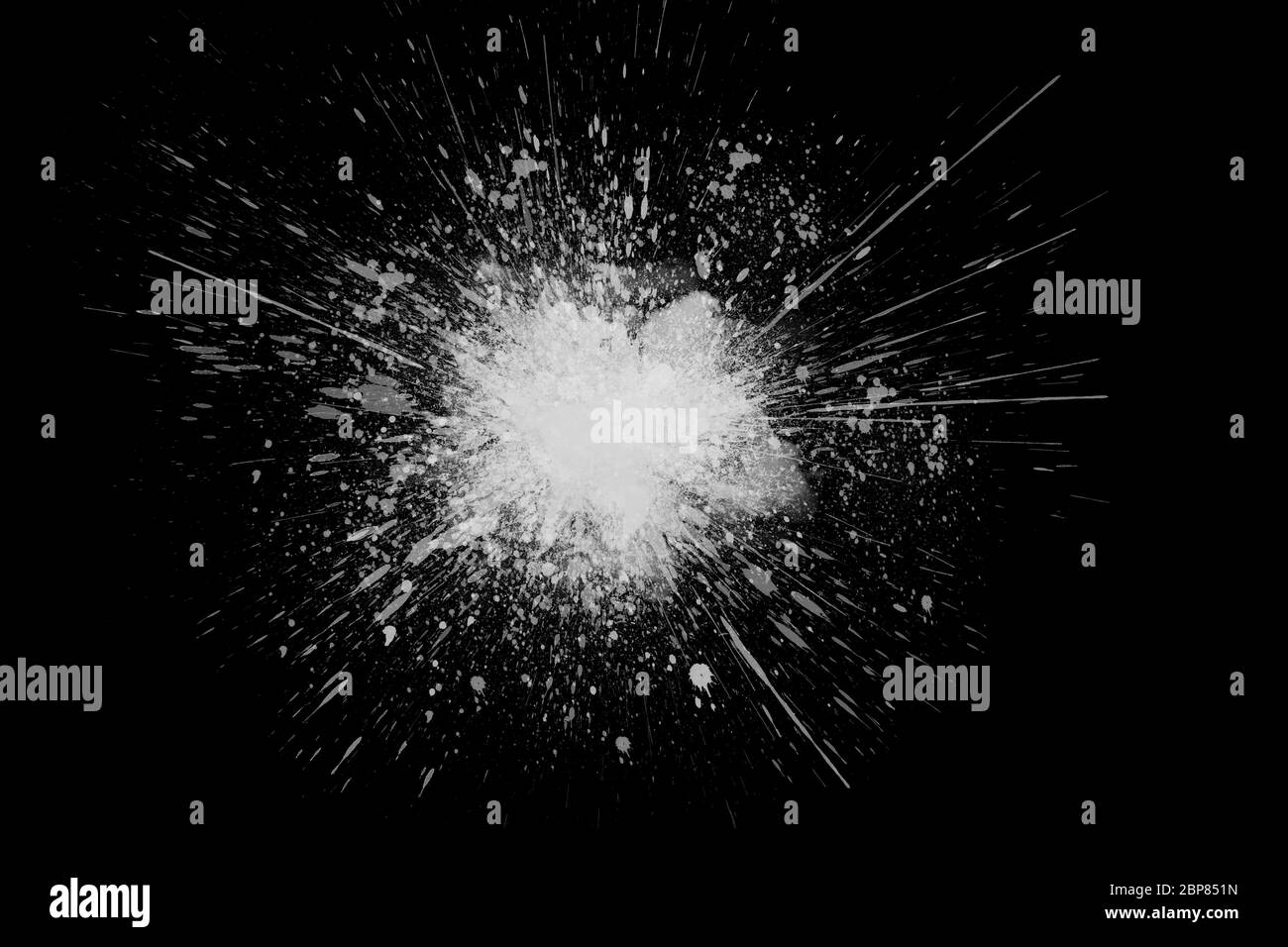 Freeze motion of white powder exploding, isolated on black, dark ...