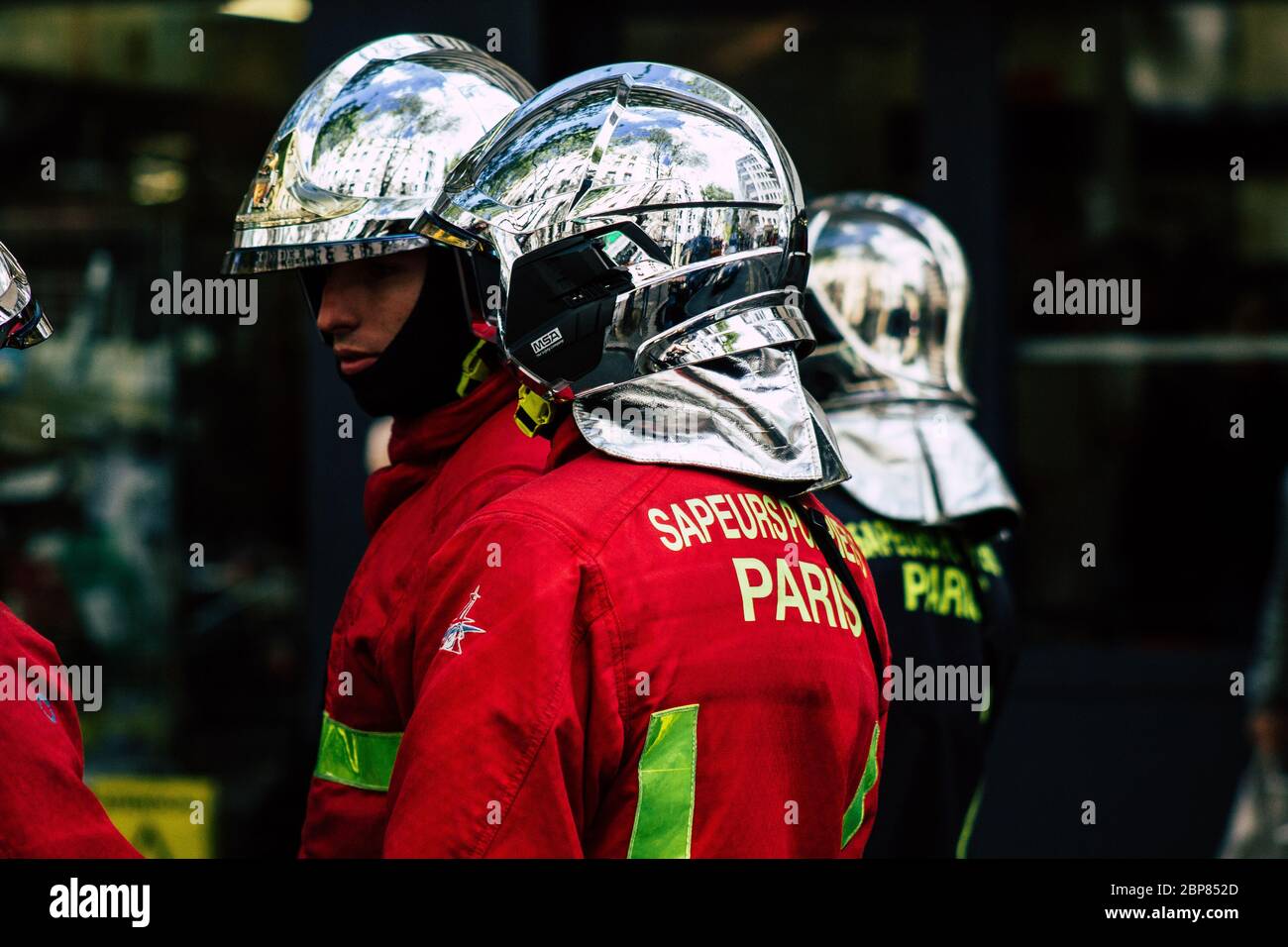 Paris France May 04, 2019 View of a French firefighters walking in the ...