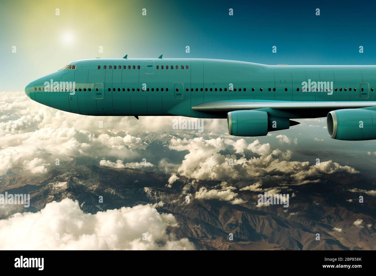 3D rendering of a passengers airplane on flight over The Andes Mountain ...