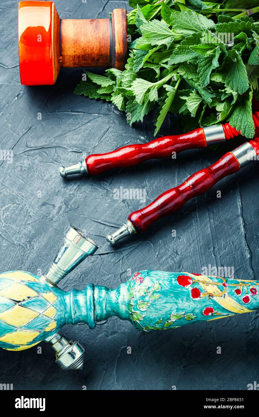 Asian smoking shisha with tobacco with mint.Turkish tobacco hookah with ...