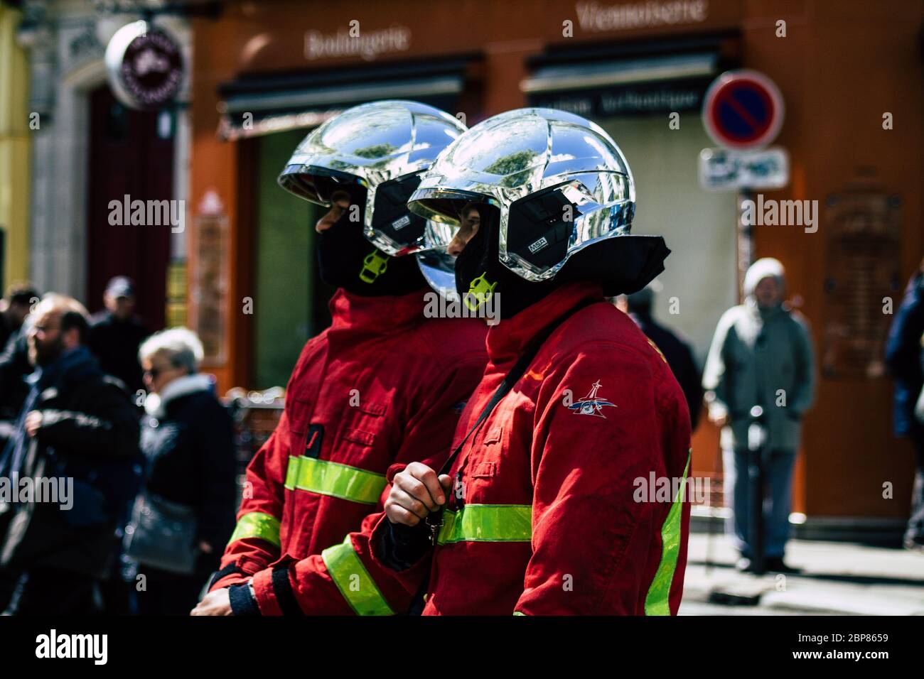 Paris France May 04, 2019 View of a French firefighters walking in the ...