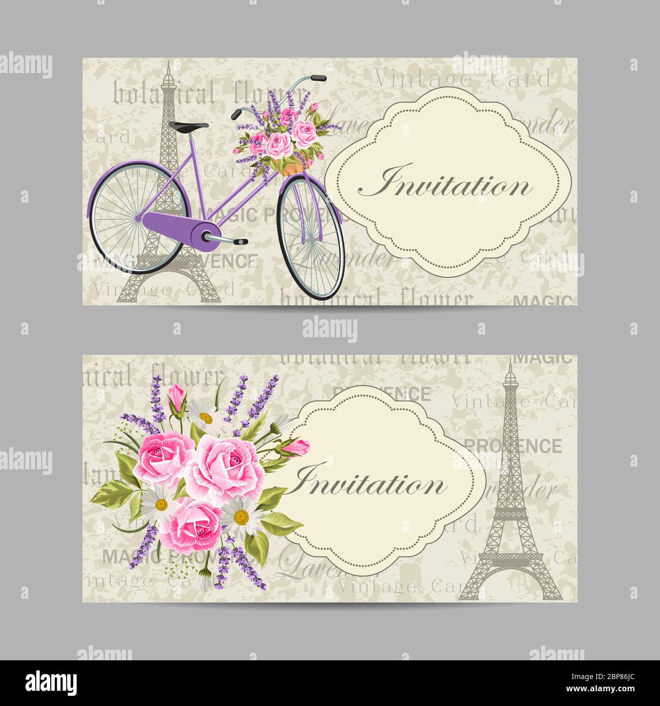 Set of horizontal banners. Violet bicycle with Eiffel tower and flowers ...