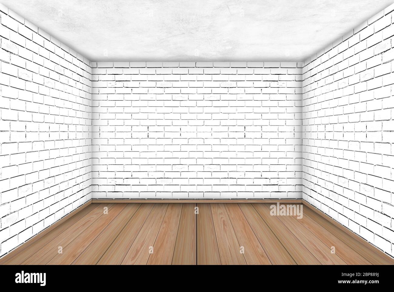 Empty room interior and white brick wall decor, With wooden flooring ...