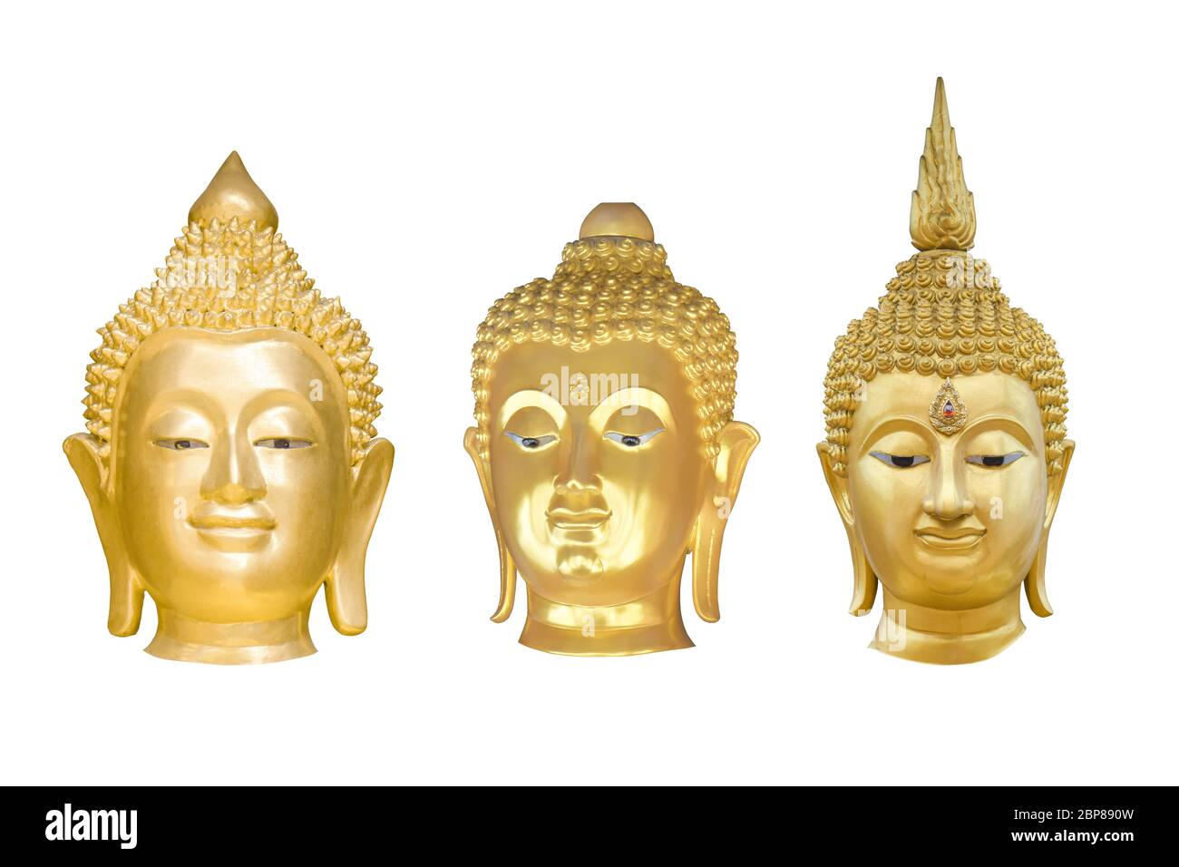 Three Buddha gold head isolated on white background. Object with ...