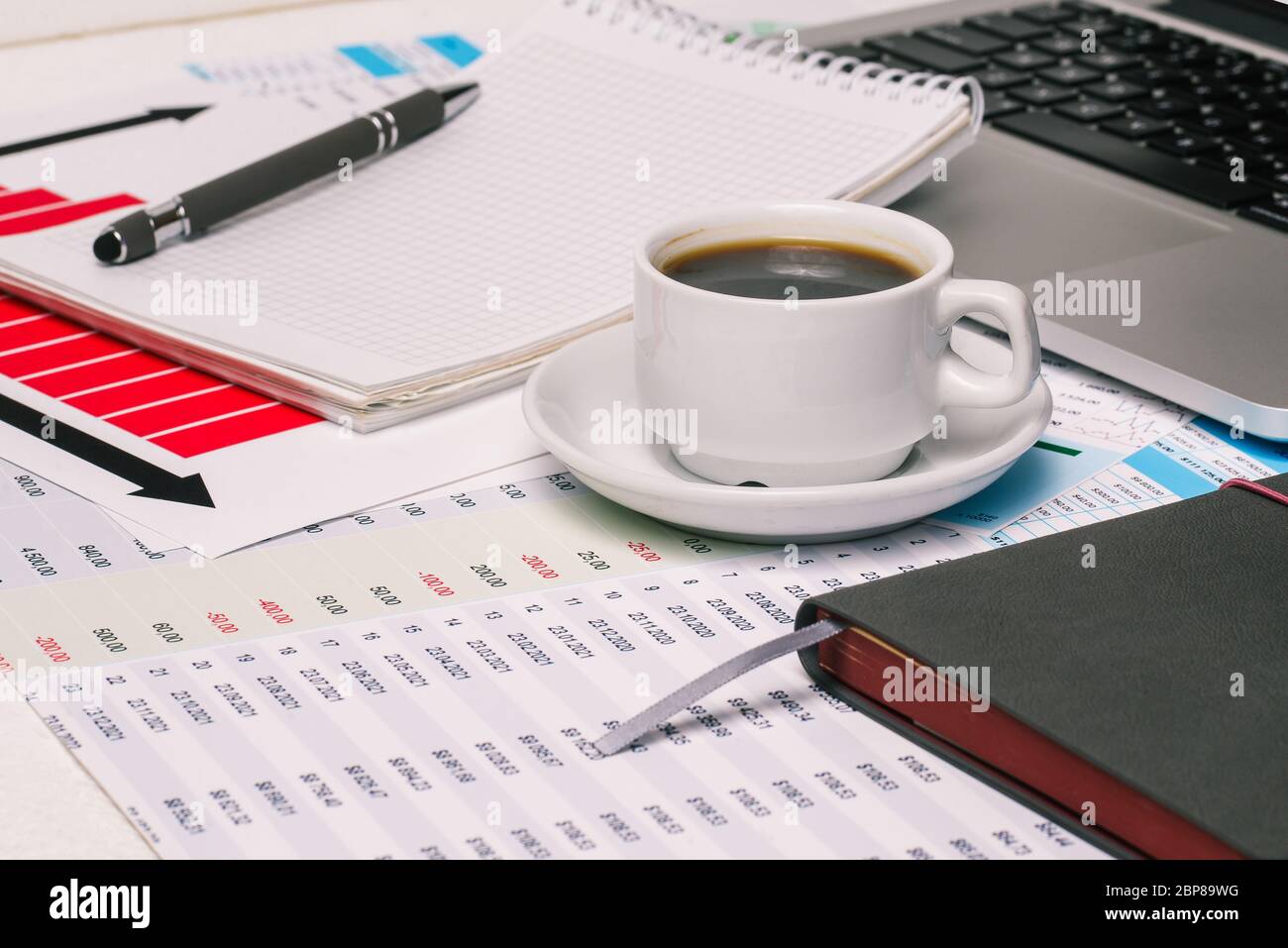 Office Desk workspace with coffee Cup, diary, Notepad and computer ...