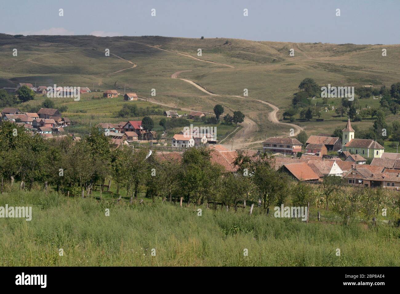 Landscape with hills and a traditional village in Sibiu County ...