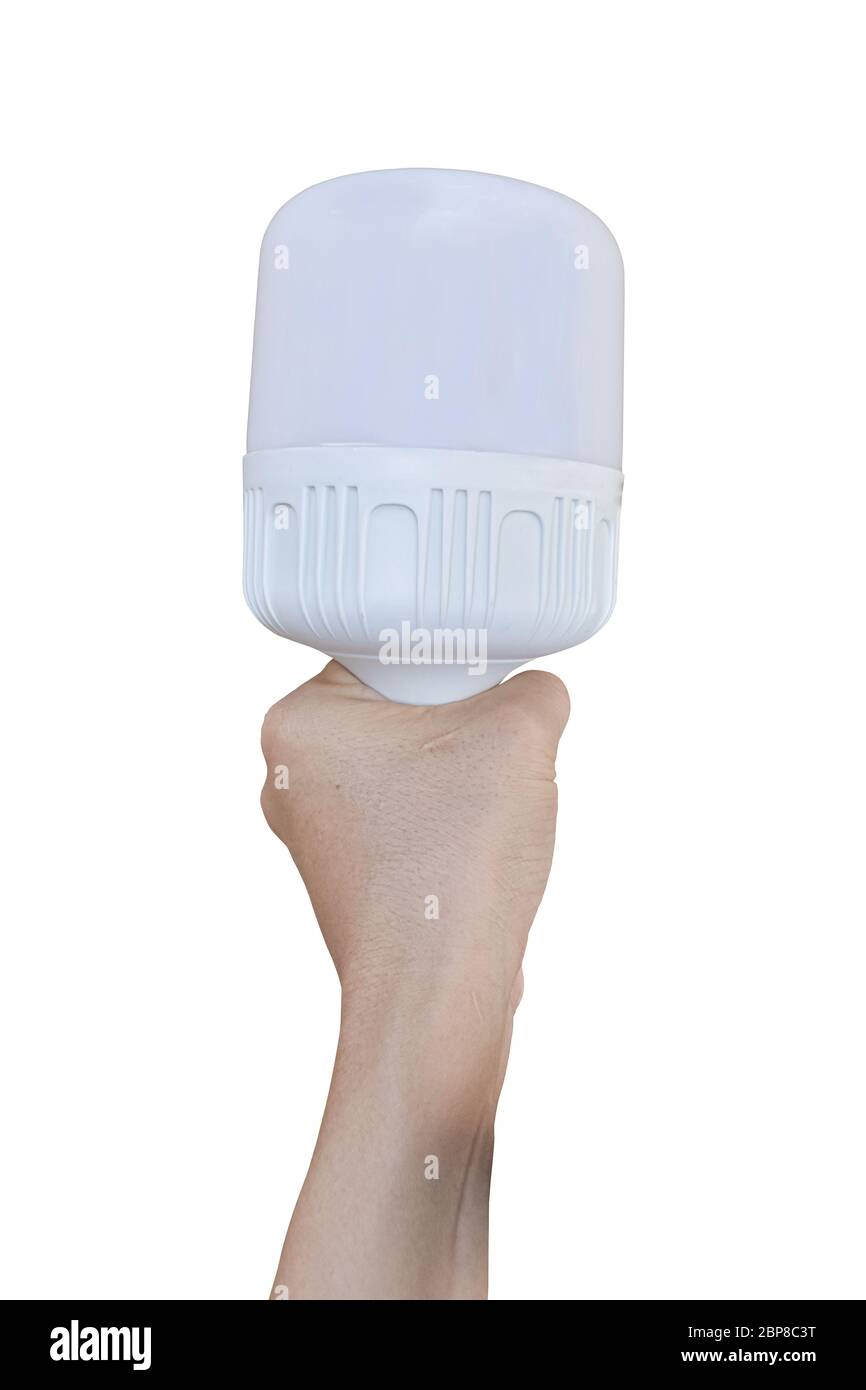 Hand holding a big light bulb isolated on white background. with ...