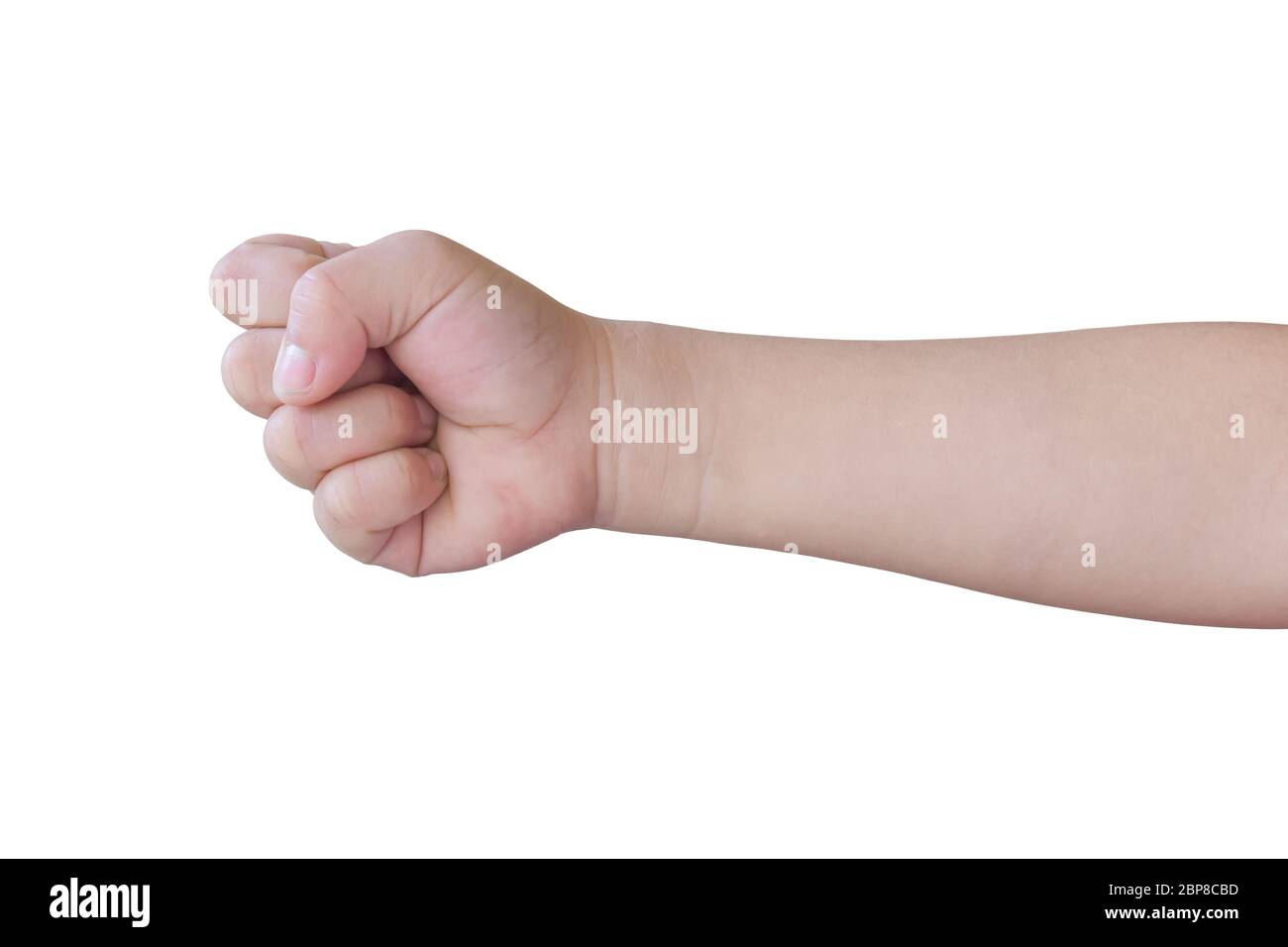 child hand shows fist isolated on white background, with clipping path ...