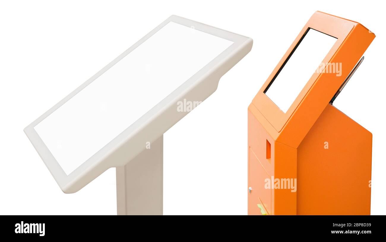 Self-service desk and information kiosk isolated on white background ...