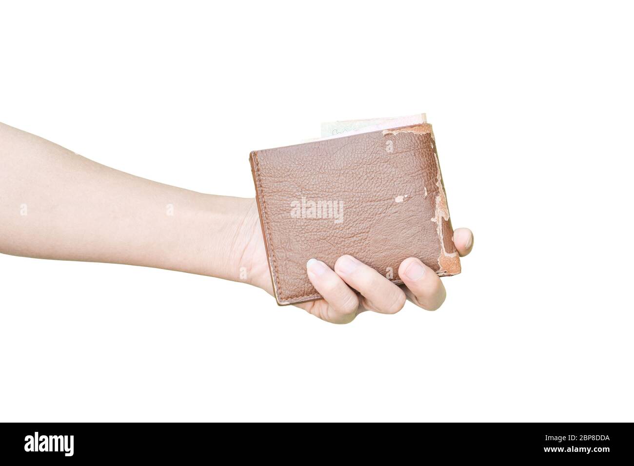 Old wallet in hand with isolated on white background with clipping path ...